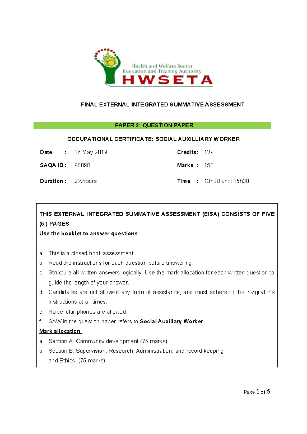 Social Auxiliary Worker EISA Paper 2: Community Development & Ethics ...