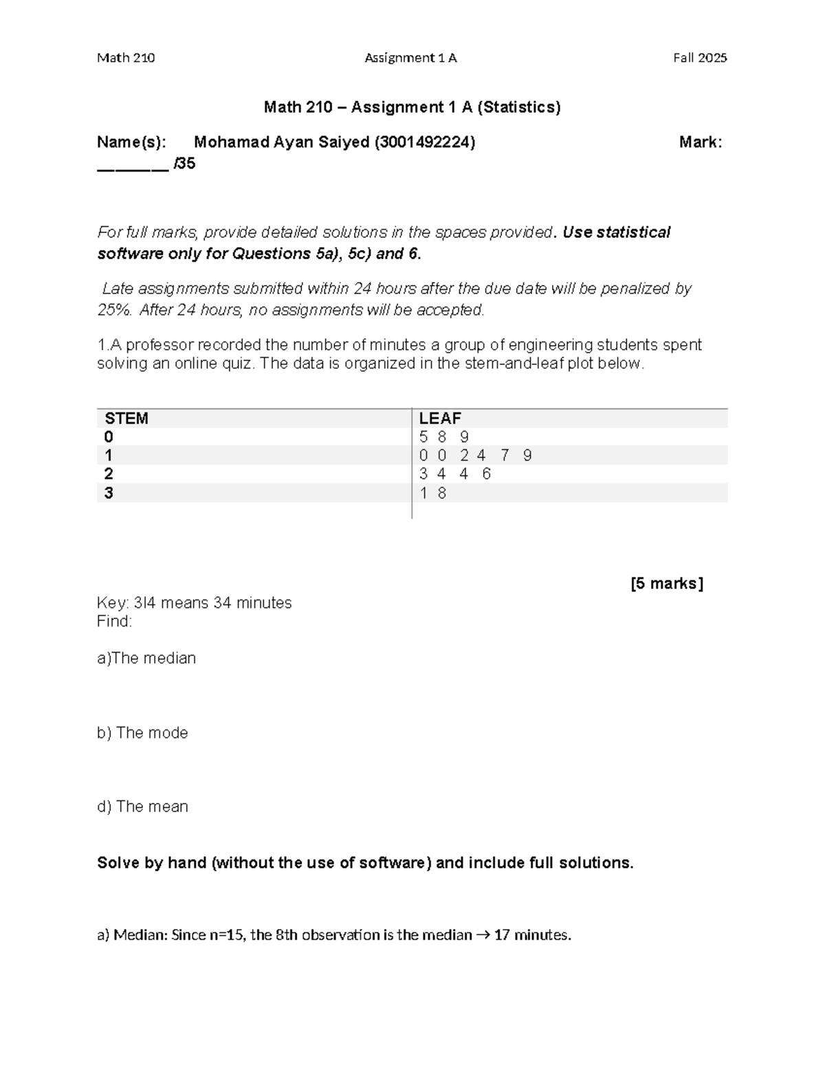 Math 210 - Assignment 1A - Statistics Solutions - Fall 2025 - Studocu