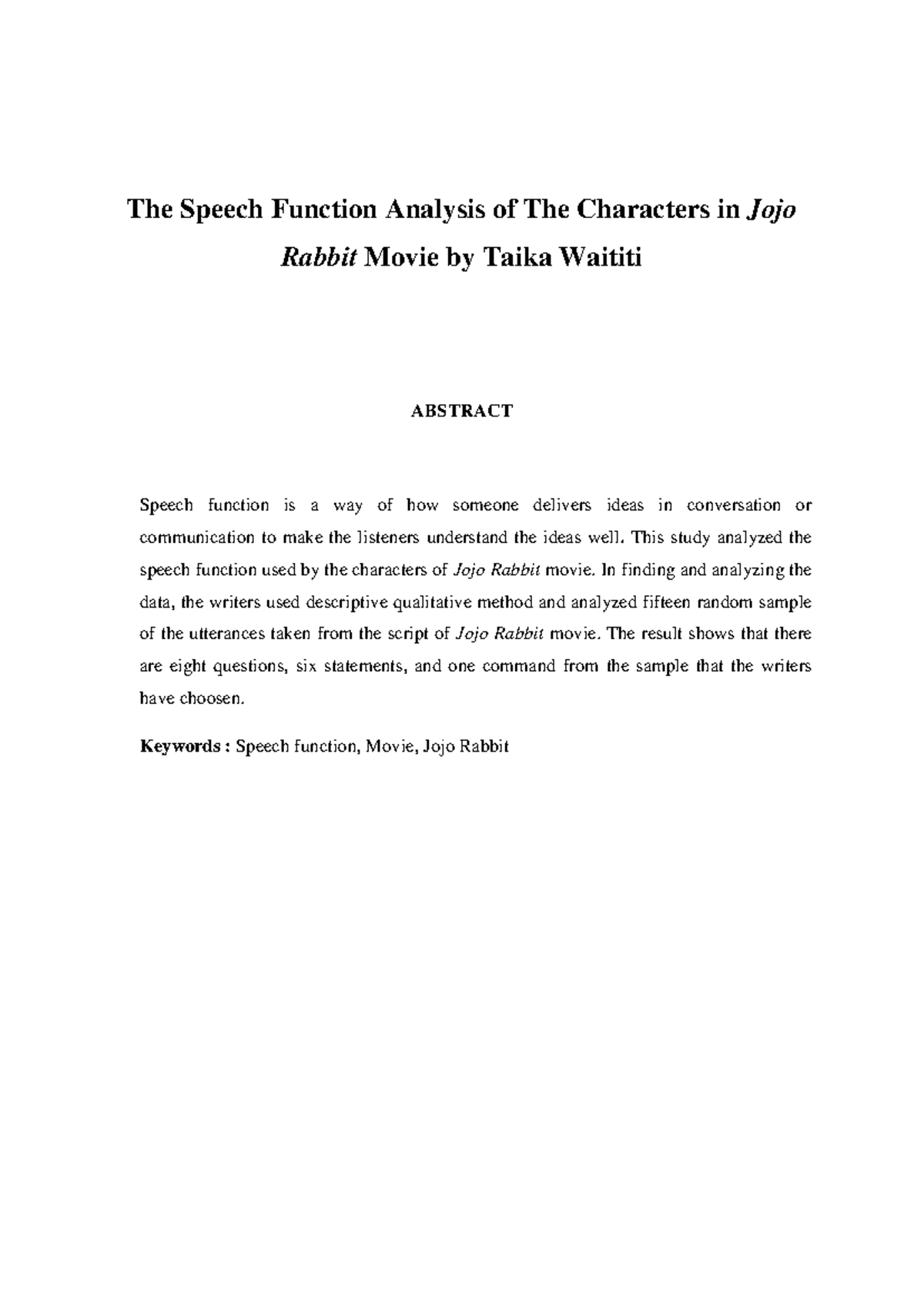 Speech Function Analysis of Characters in Jojo Rabbit Movie (SML 101 ...