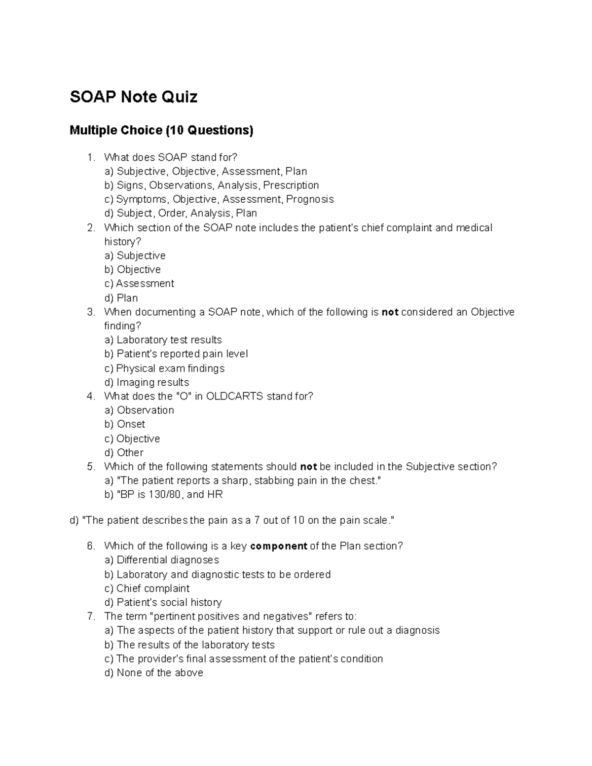 SOAP Note Quiz - Key Concepts & Practice Questions - Studocu