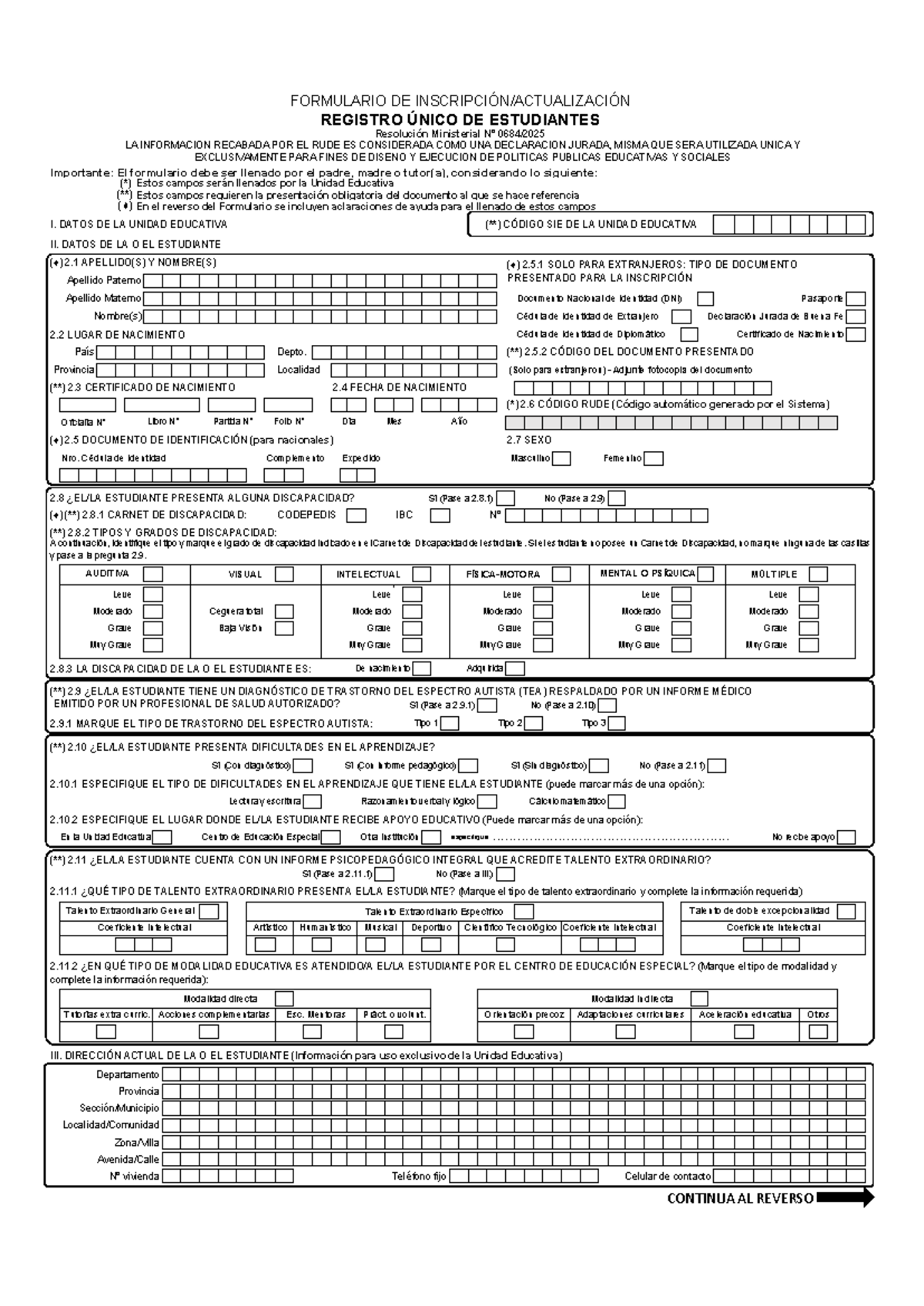 Formulario de Registro Único de Estudiantes RUDE 2026 - Megisterio ...