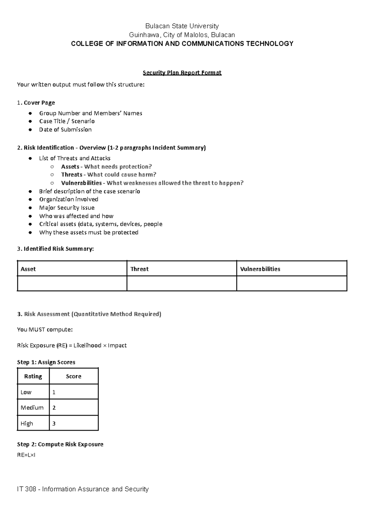 IT 308 Security Plan Report Format for Risk Assessment - Studocu