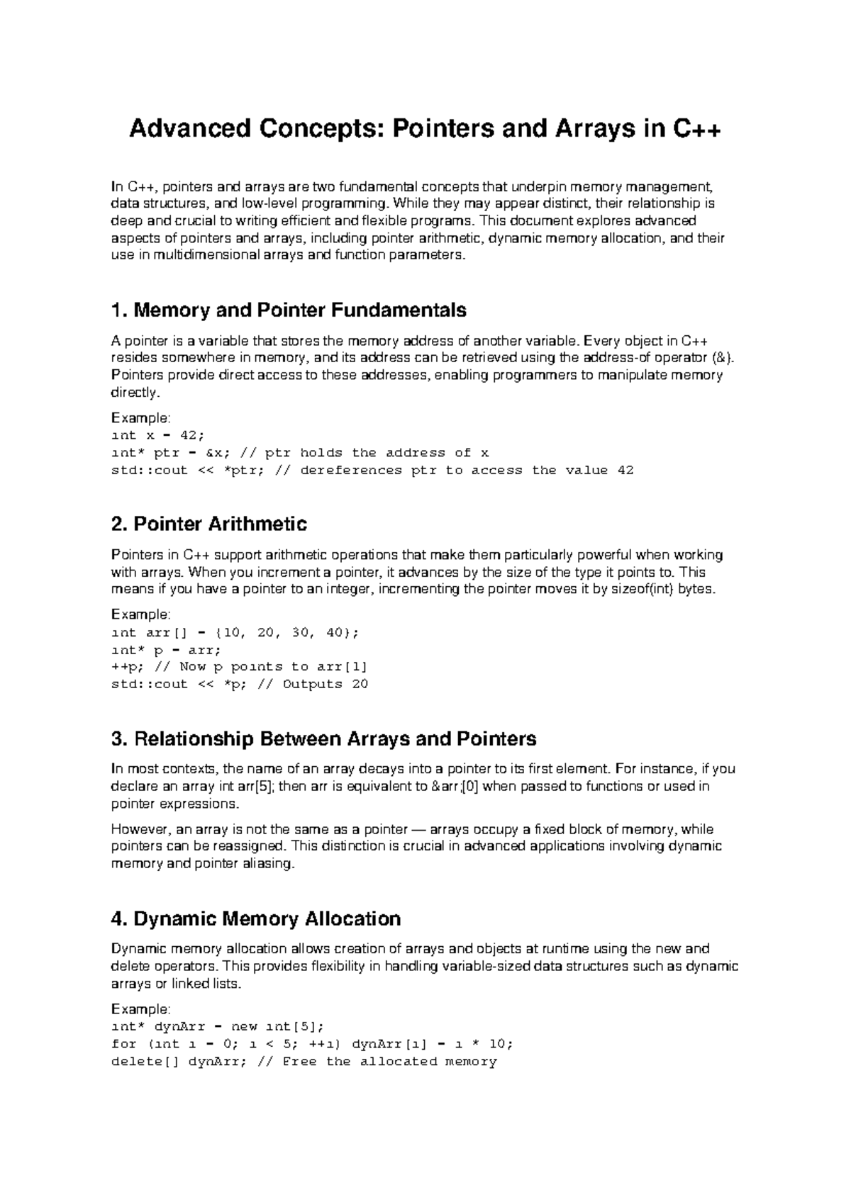 Advanced Concepts: Pointers & Arrays in CPP - Memory Management - Studocu