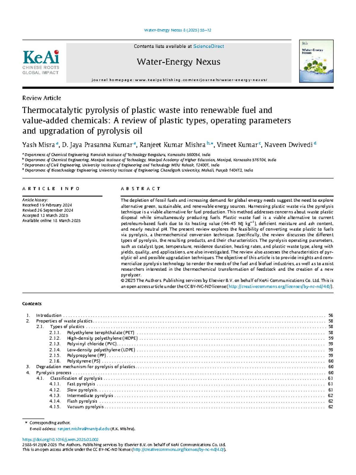 Thermocatalytic Pyrolysis of Plastic Waste: A Review (Nexus 8, 2025 ...