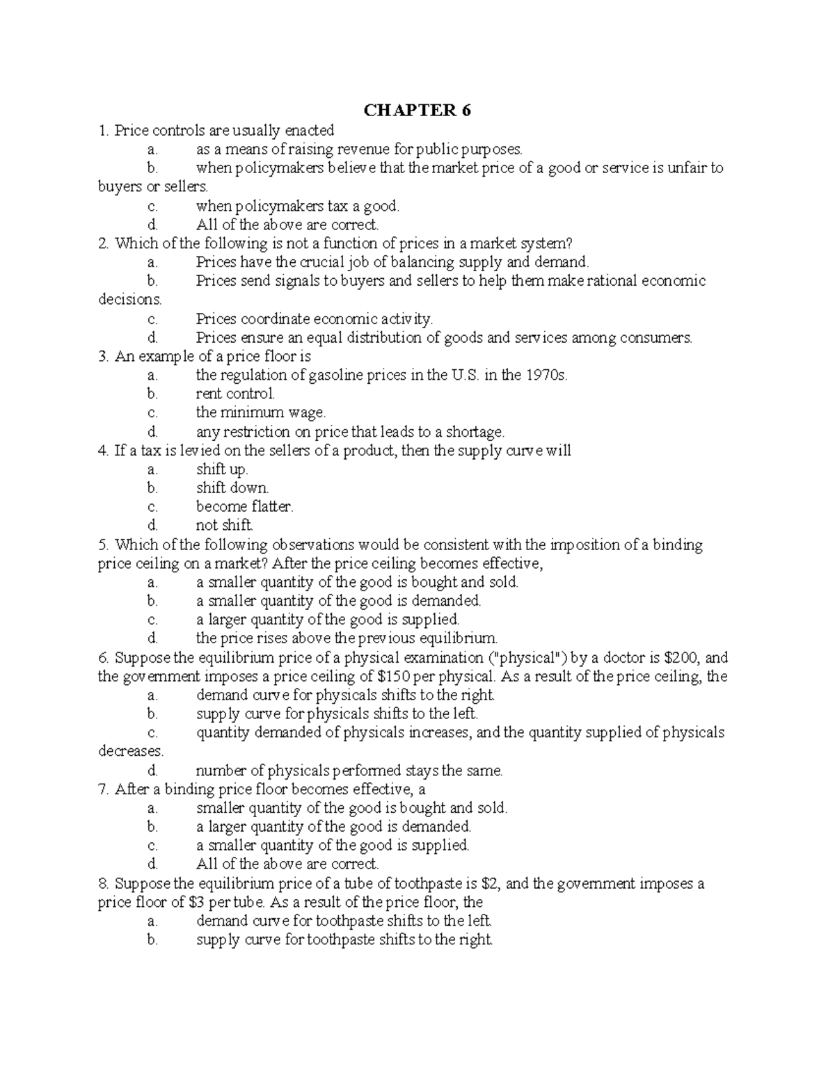 Test Chapter 6: Price Controls and Market Functions - Studocu