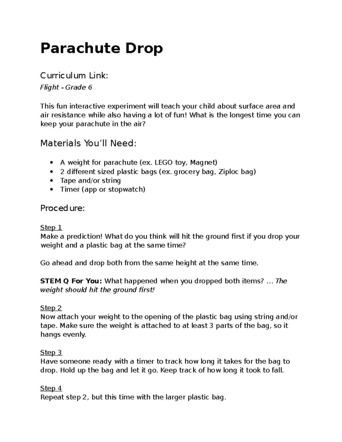 Parachute Drop - Assignment - Parachute Drop Curriculum Link: Flight ...
