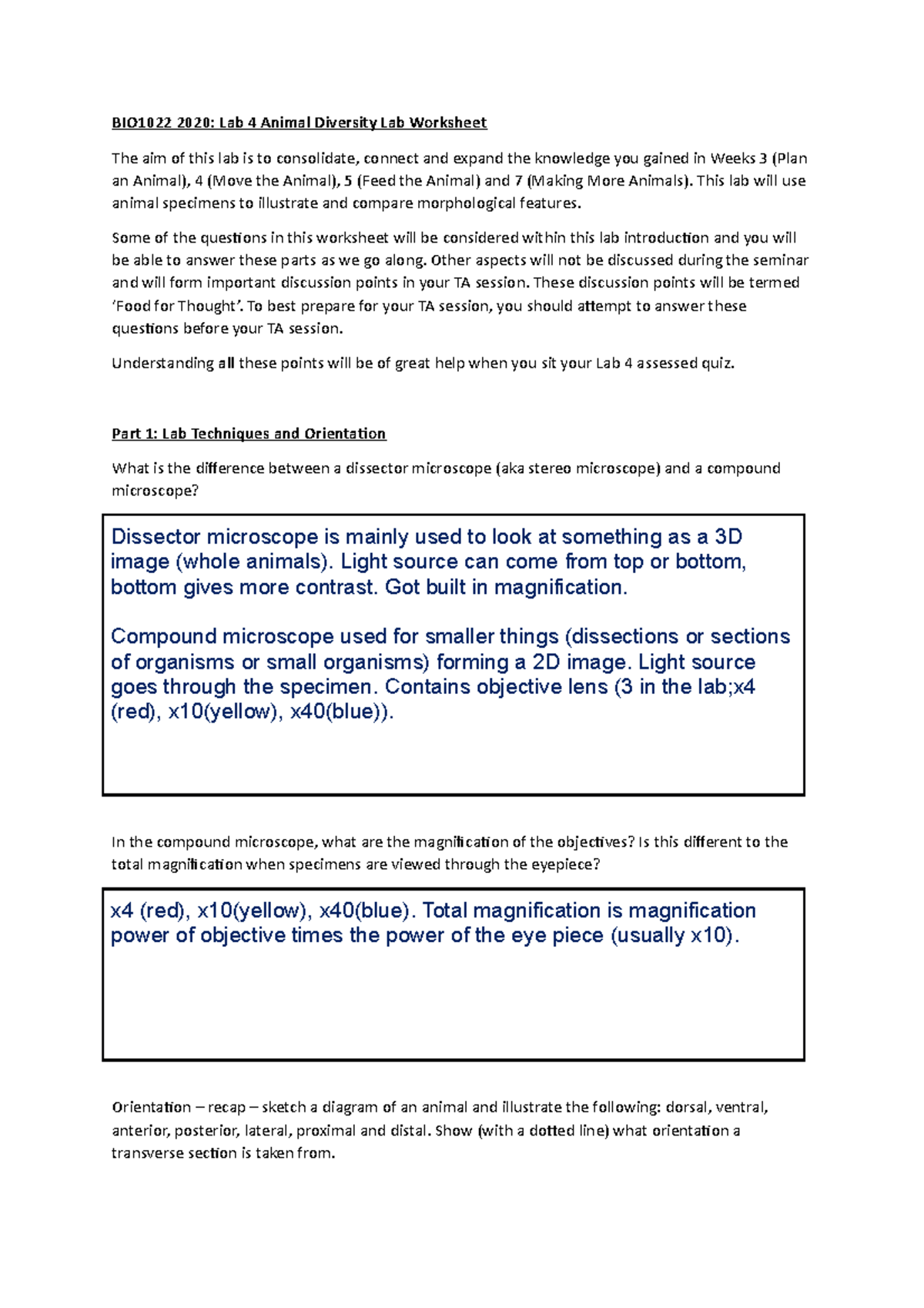 BIO1022 Lab 4: Exploring Animal Diversity and Morphology Worksheet ...