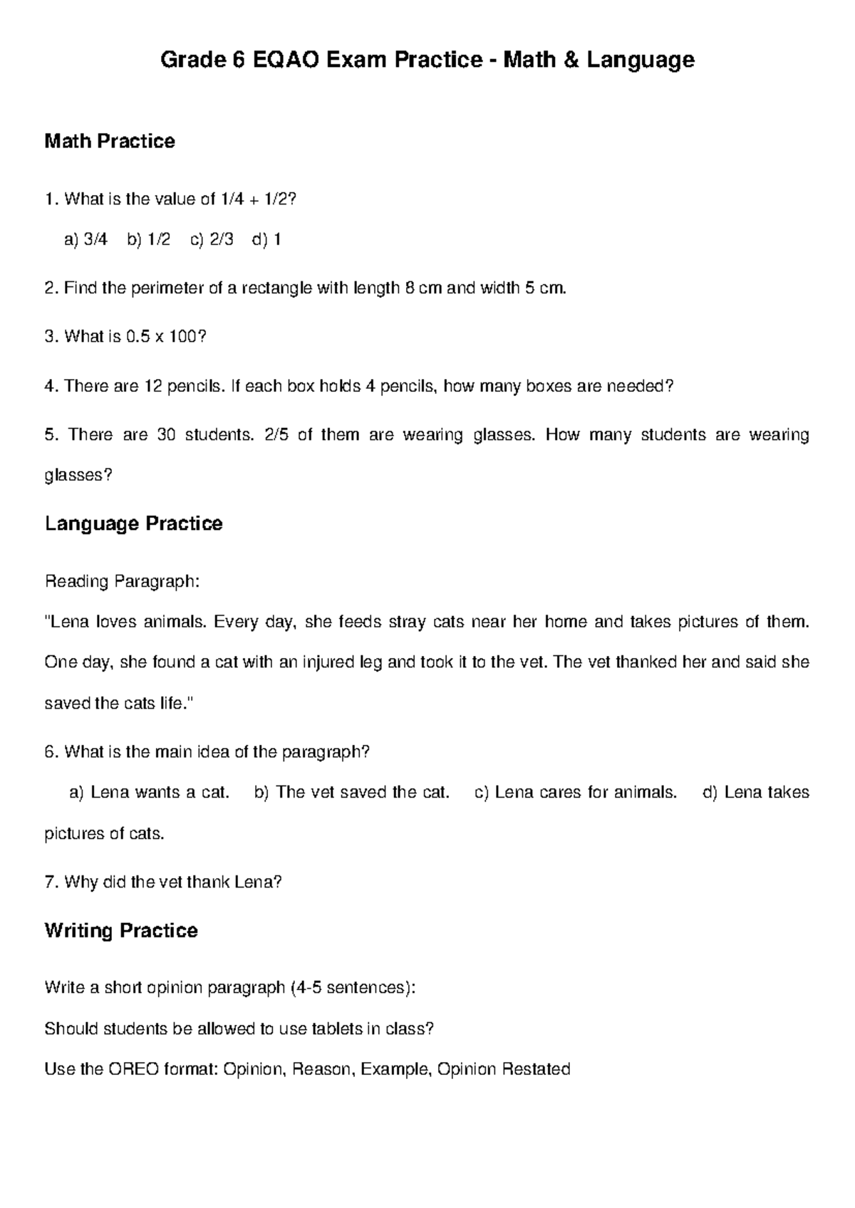 Grade 6 EQAO Review Sheet: Math & Language Practice - Studocu