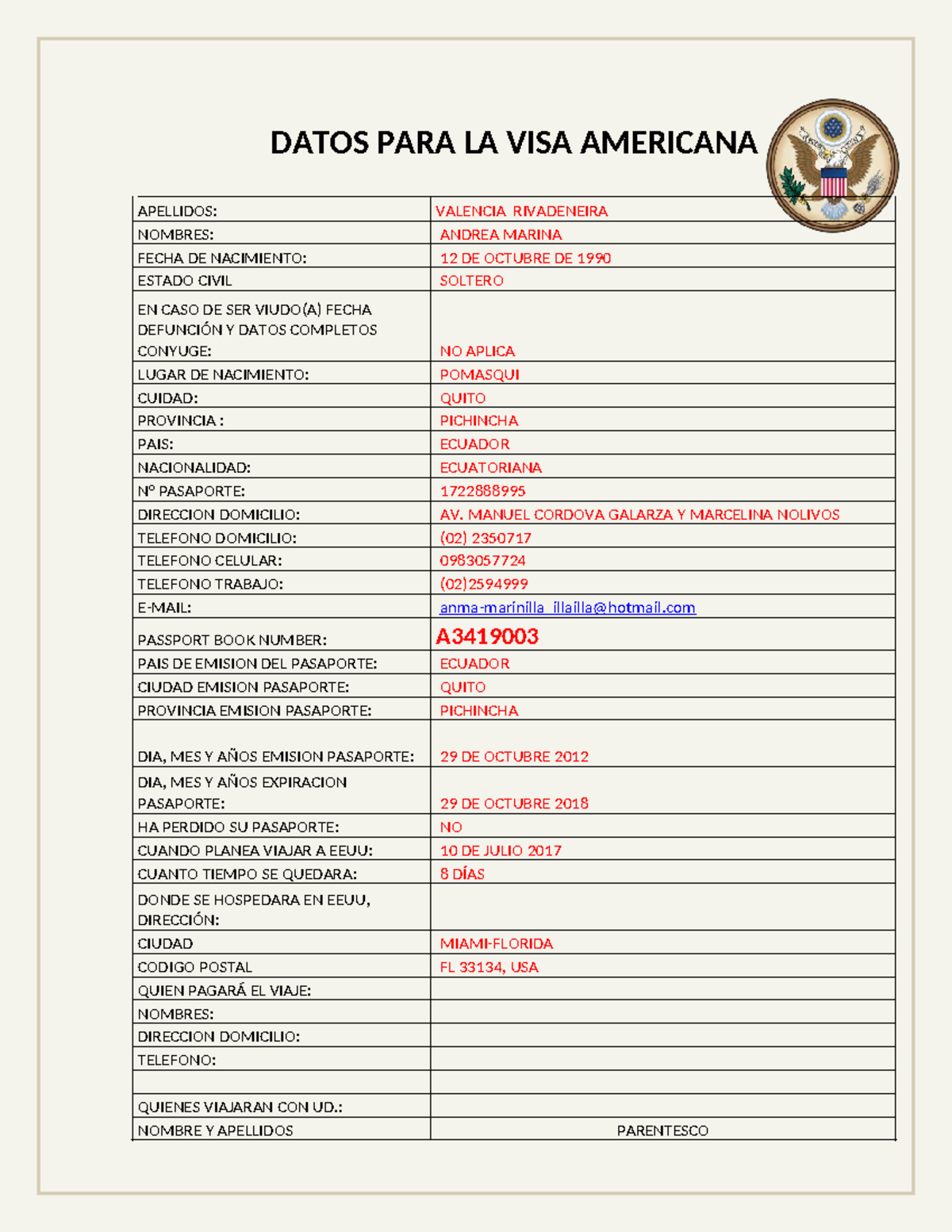 Formulario PARA VISA USA - Modelo Completo - Studocu