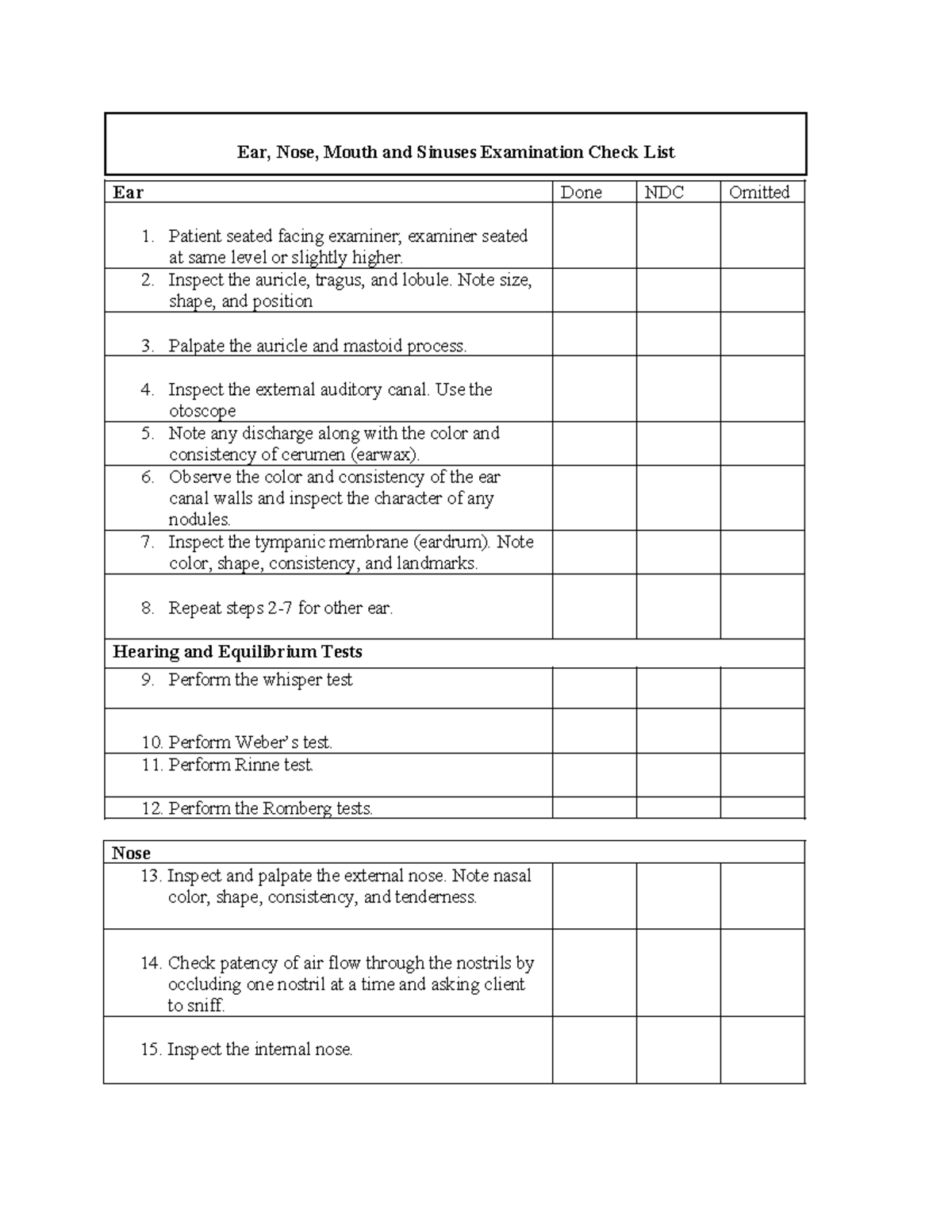 ENT - Otorhinolaryngologic Exam Checklist: Ear, Nose, and Sinuses - Studocu