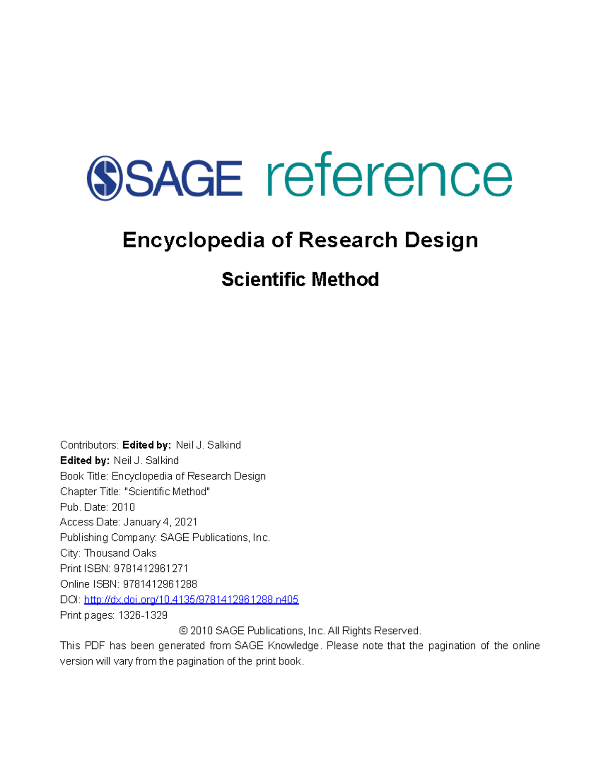 Encyclopedia of Research Design: Insights on Scientific Method - Studocu