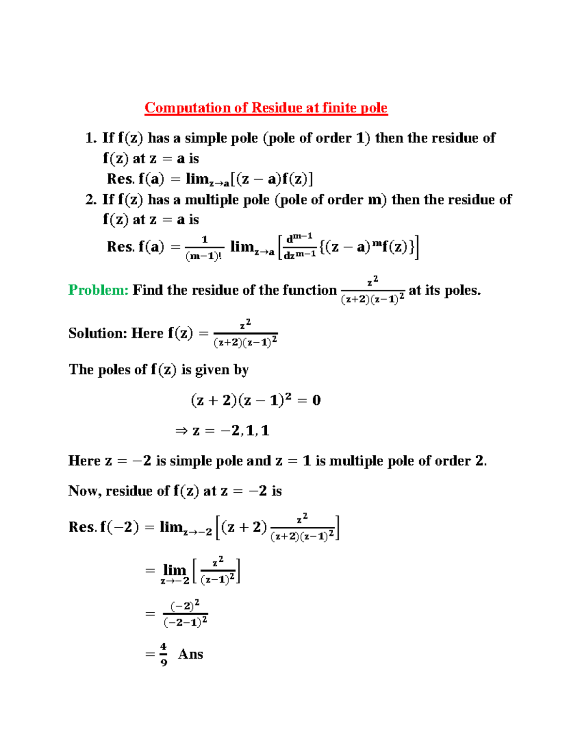 Complex Analysis-2: Lecture Notes on Residue Computation at Poles - Studocu