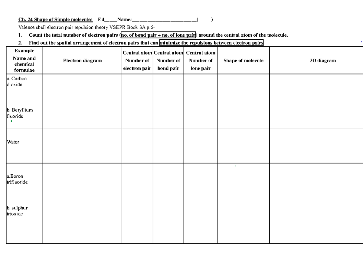 Ch. 24 VSEPR Theory: Molecular Shapes & Electron Pairs - Chem 3A - Studocu