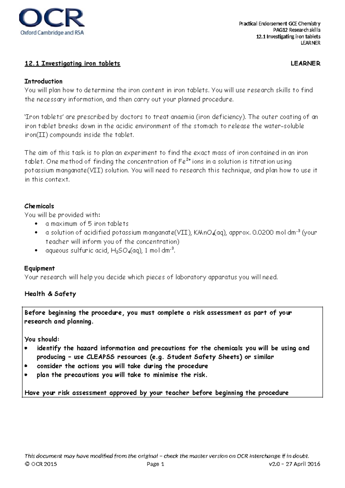 PAG 12.1 - Practical Investigation of Iron Content in Tablets - Studocu