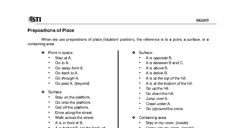 GE2203 Prepositions of Place: Understanding Locations and Directions ...