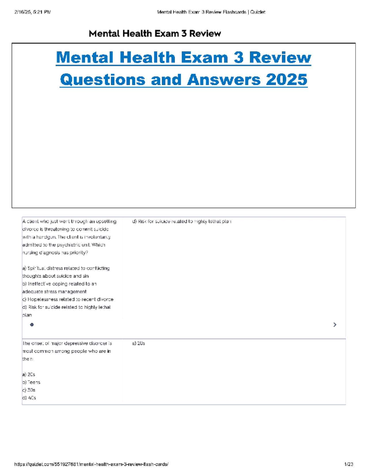 Mental Health Exam 3 Review Questions & Answers 2025 - Studocu