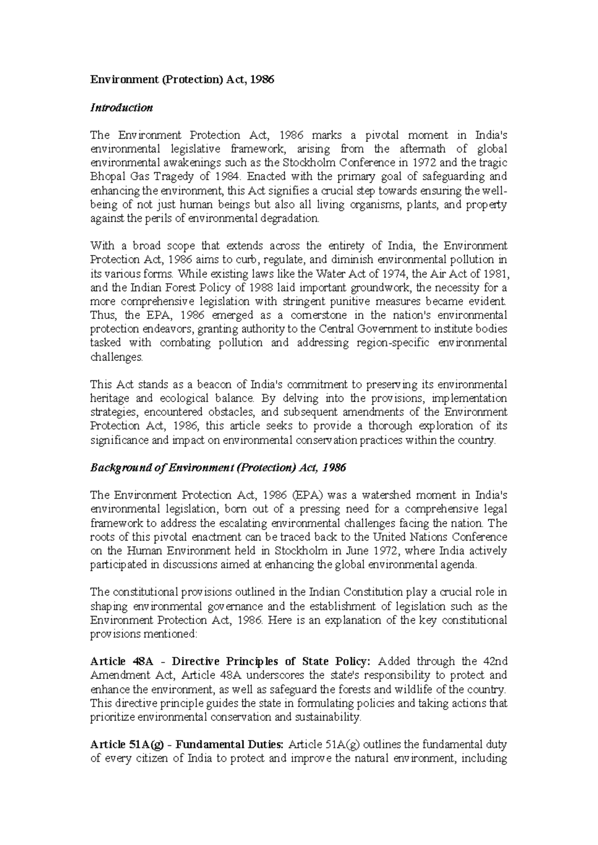EPA - Analysis of the Environment Protection Act, 1986 - Studocu