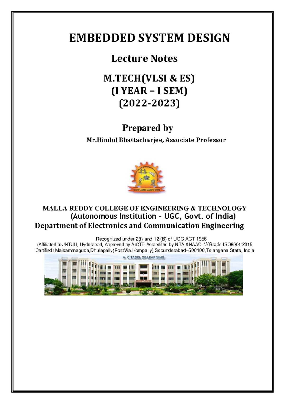EMBEDDED SYSTEM DESIGN Lecture Notes - M.TECH (VLSI ES) I Year I Sem ...