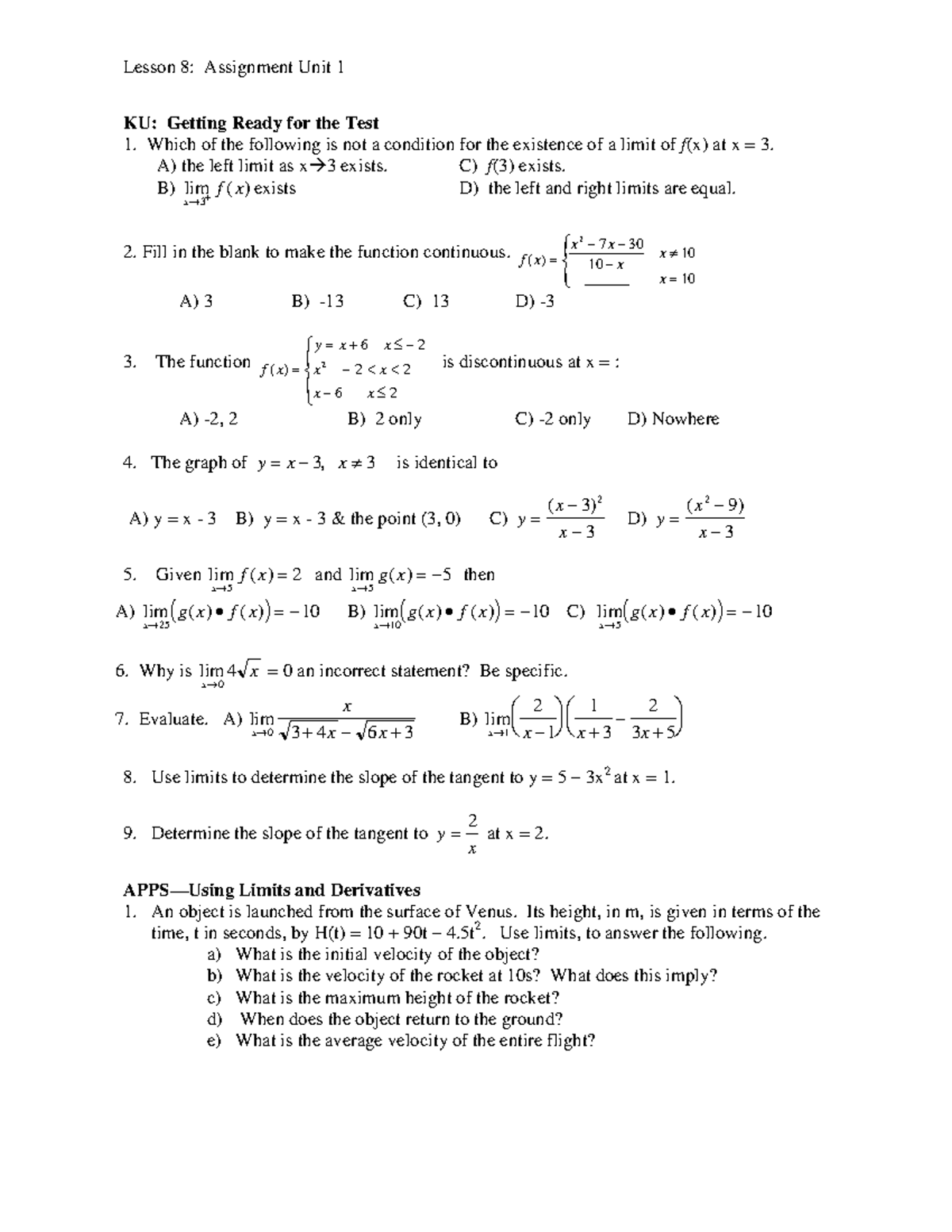 Lesson 8: Unit 1 Sample Test on Limits and Continuity - Studocu