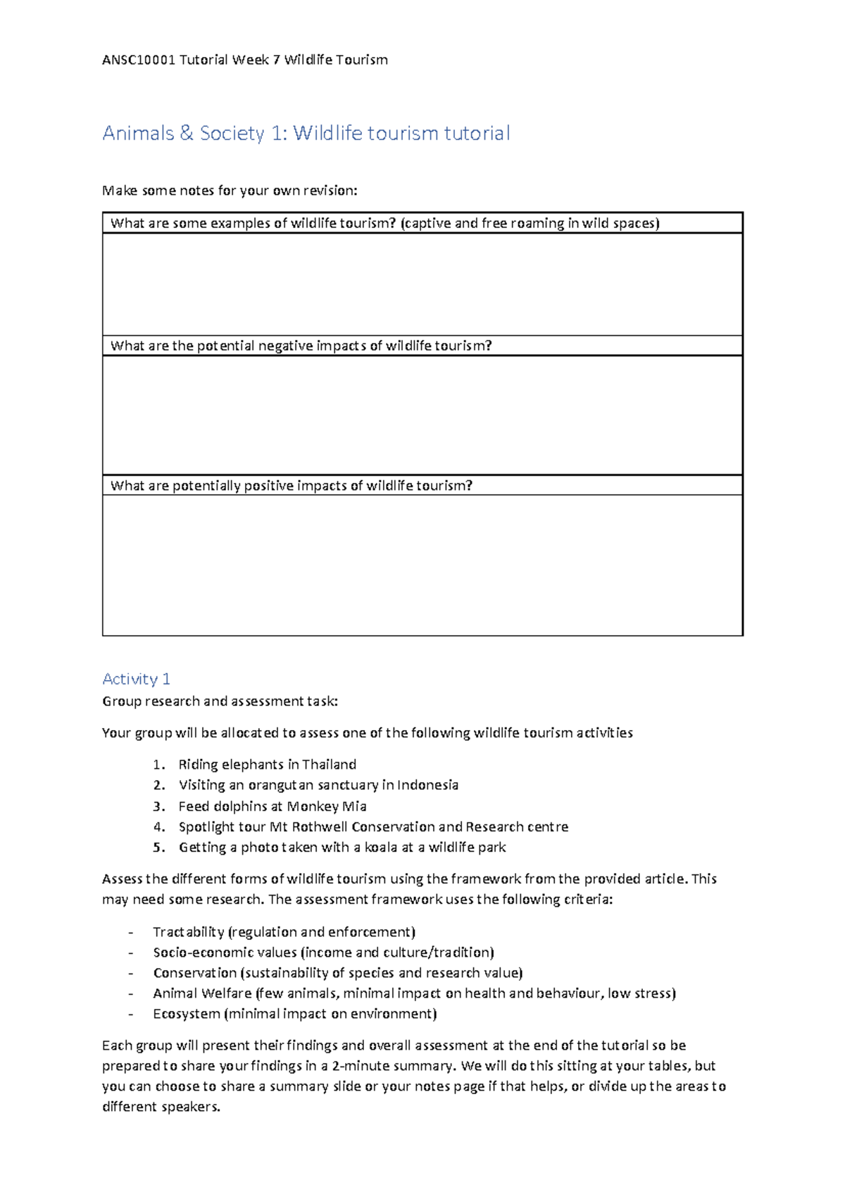 Wildlife Tourism Tutorial Week 7: Impacts & Assessments - Studocu