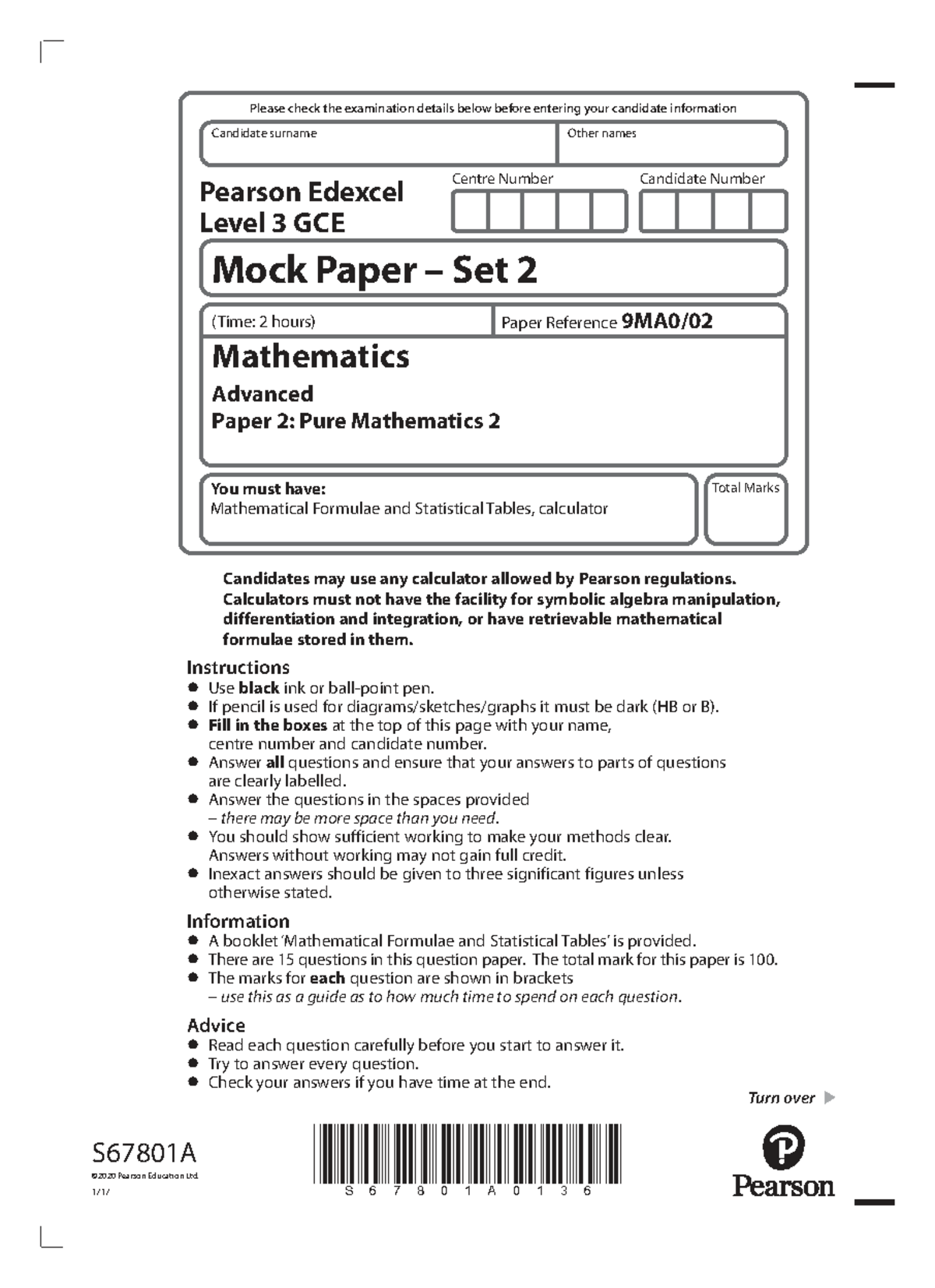 Mathematics Advanced 9MA0/02 Pure Paper 2 Mock Exam Set 2 - Studocu ...