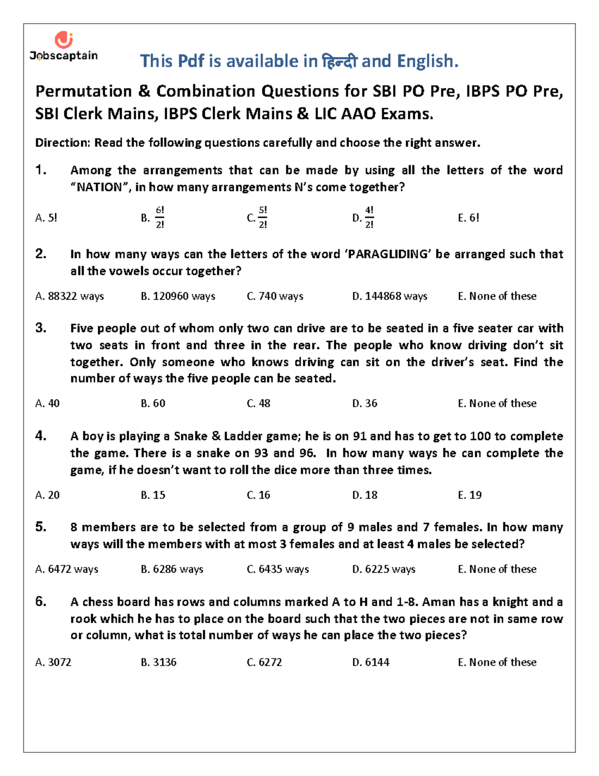 12 Permutation and Combination Questions for Bank PO - This Pdf is ...