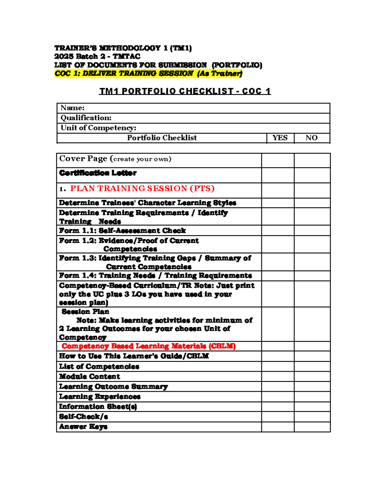 TM1 2025 Batch 2 Portfolio Submission Checklist for COC 1 & COC 2 - Studocu