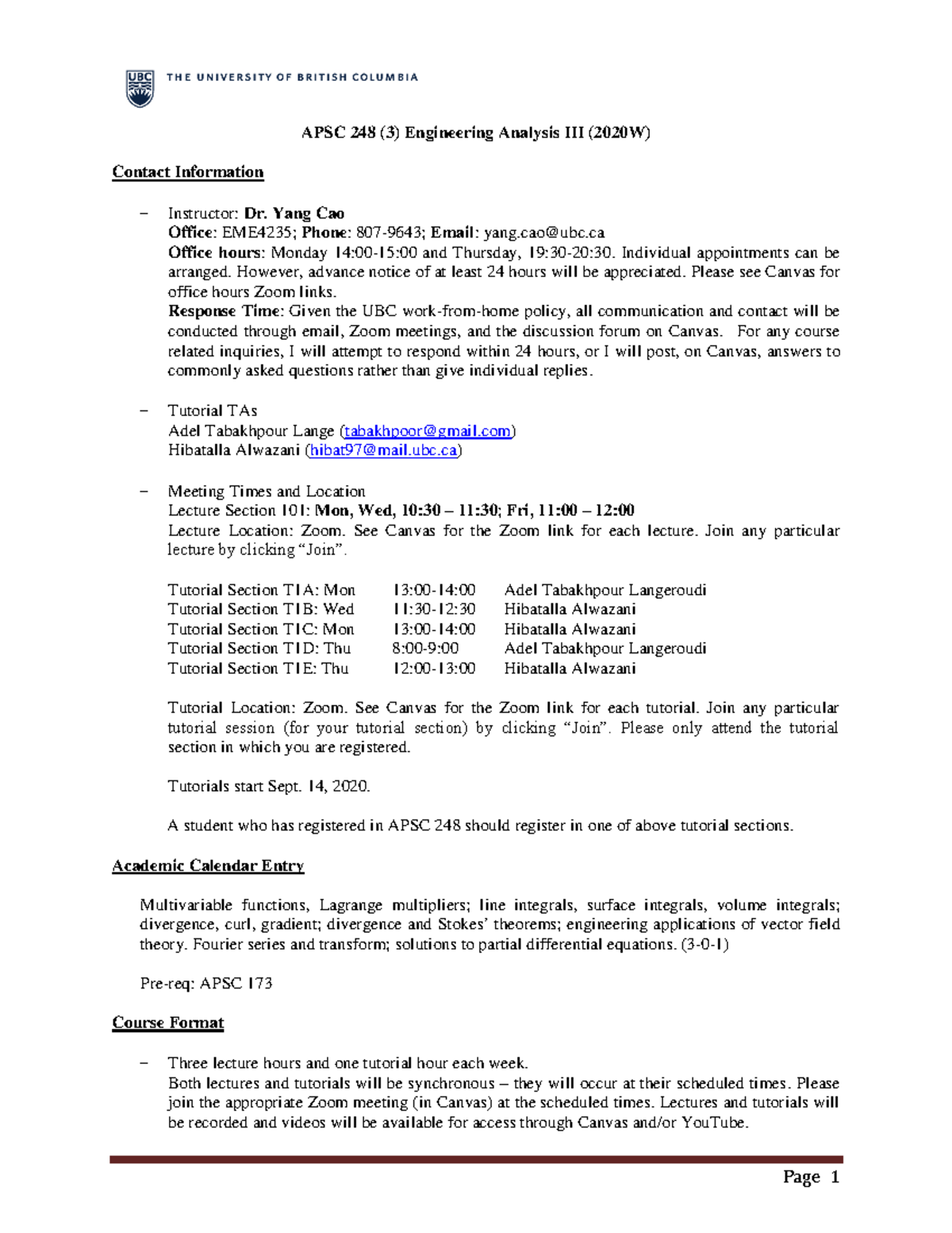 APSC 248 Syllabus 2020W - Final Version Overview and Details - Studocu