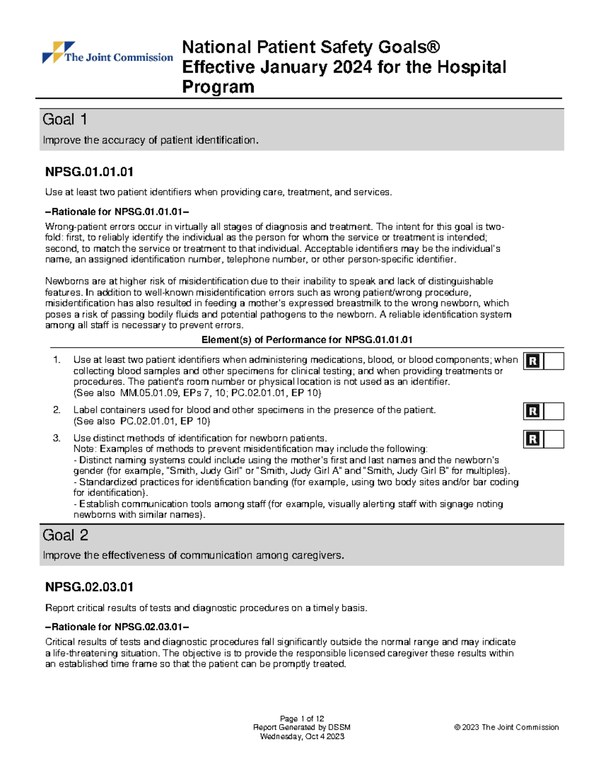 National Patient Safety Goals® Effective January 2024 for the Hospital ...