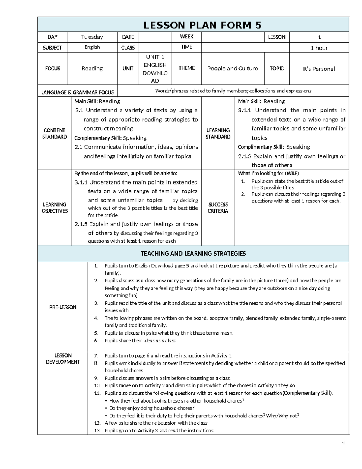 Lesson Plan: English Reading Unit 1 - People and Culture (Form 5) - Studocu