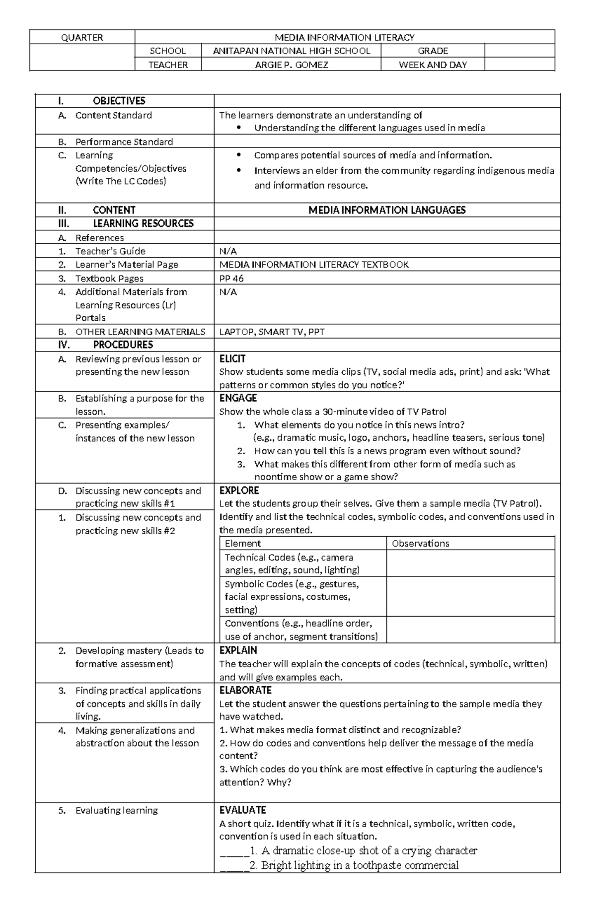 MIL WEEK 6 DAY 1 - Media and Information Literacy Lesson Plan - Studocu