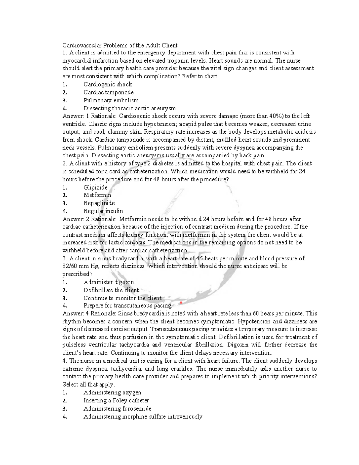 Medical Surgical Nursing: Oxygenation and Cardio Exam Review - Studocu