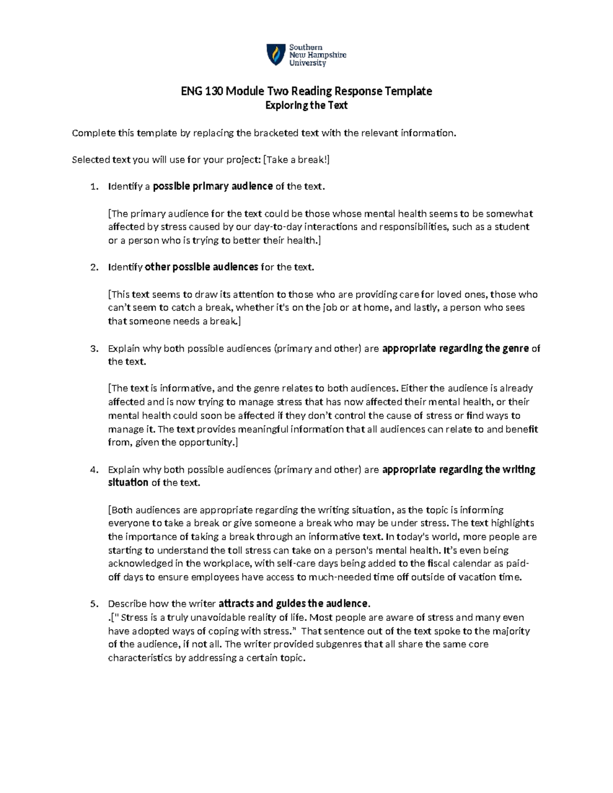 ENG 130 Module Two Reading Response: Audience Analysis Template - Studocu