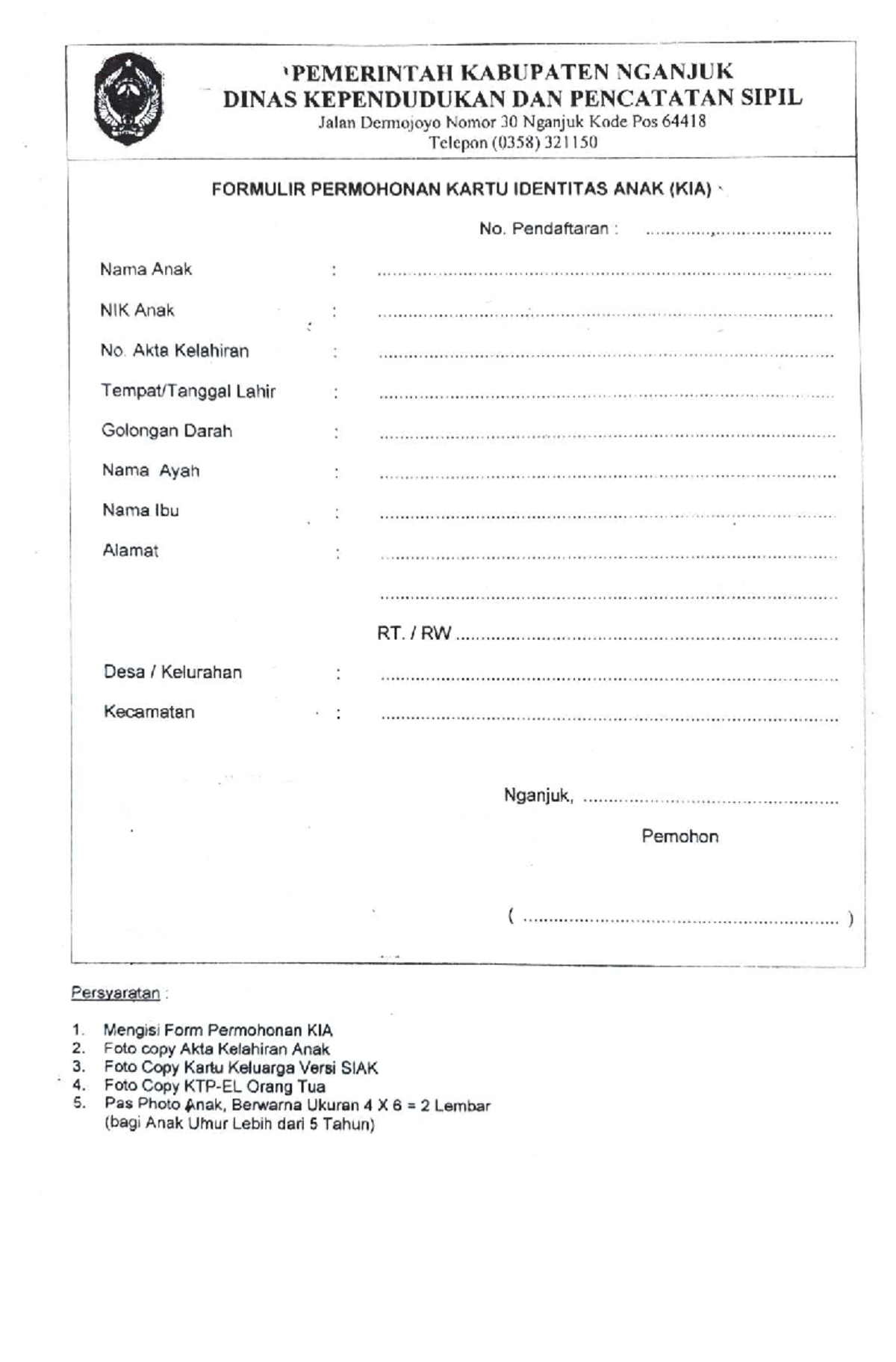 Formulir Permohonan Kartu Identitas Anak (KIA) Nganjuk - Studocu