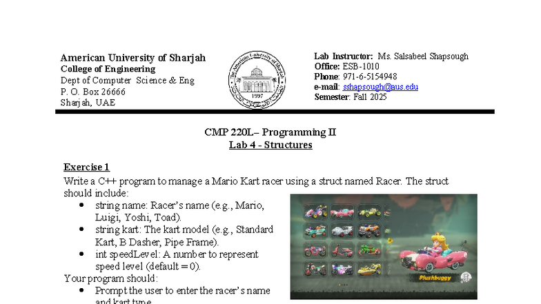 F25-CMP220 Lab 4: Structs for Mario Kart Racer Management - Studocu