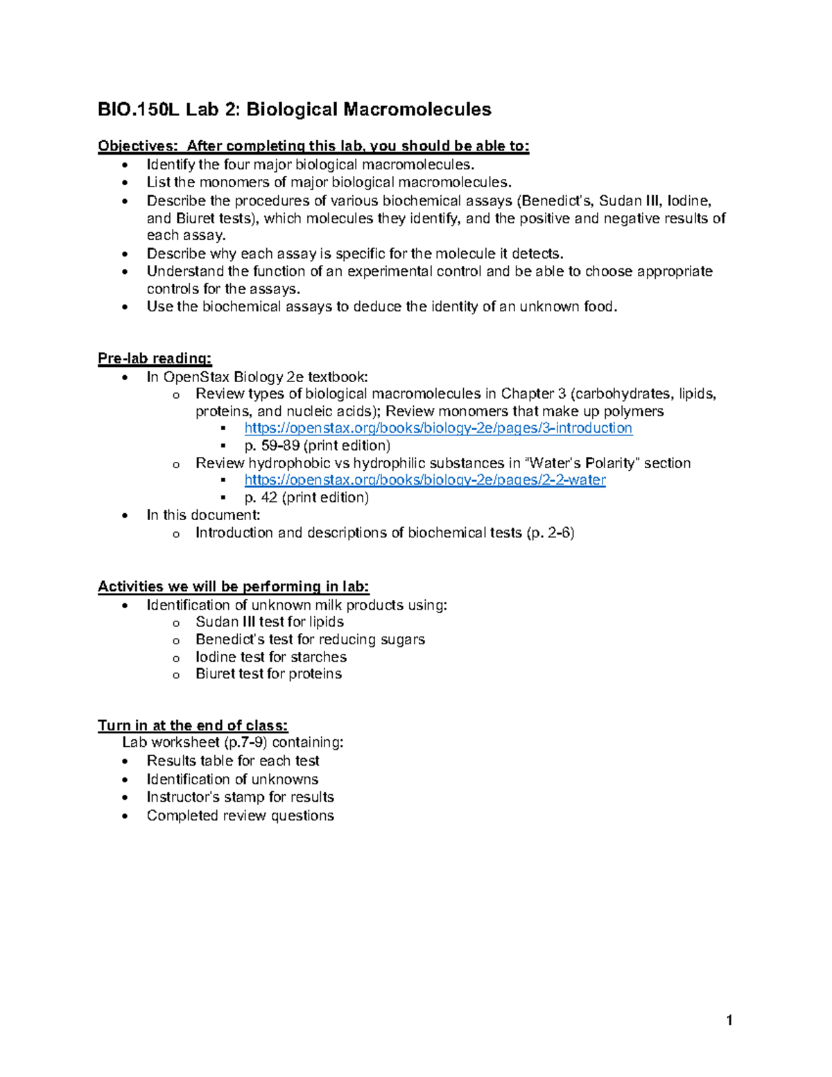 Lab 2: Exploring Biological Macromolecules in BIO.150L - Studocu