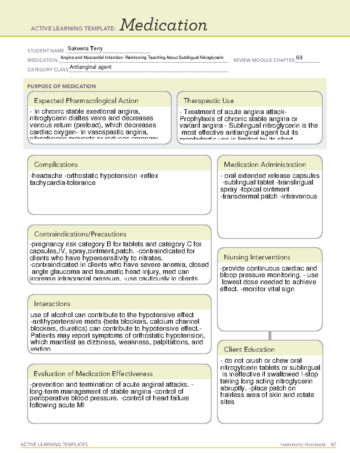 Active Learning Template: Medication for Angina & Myocardial Infarction ...