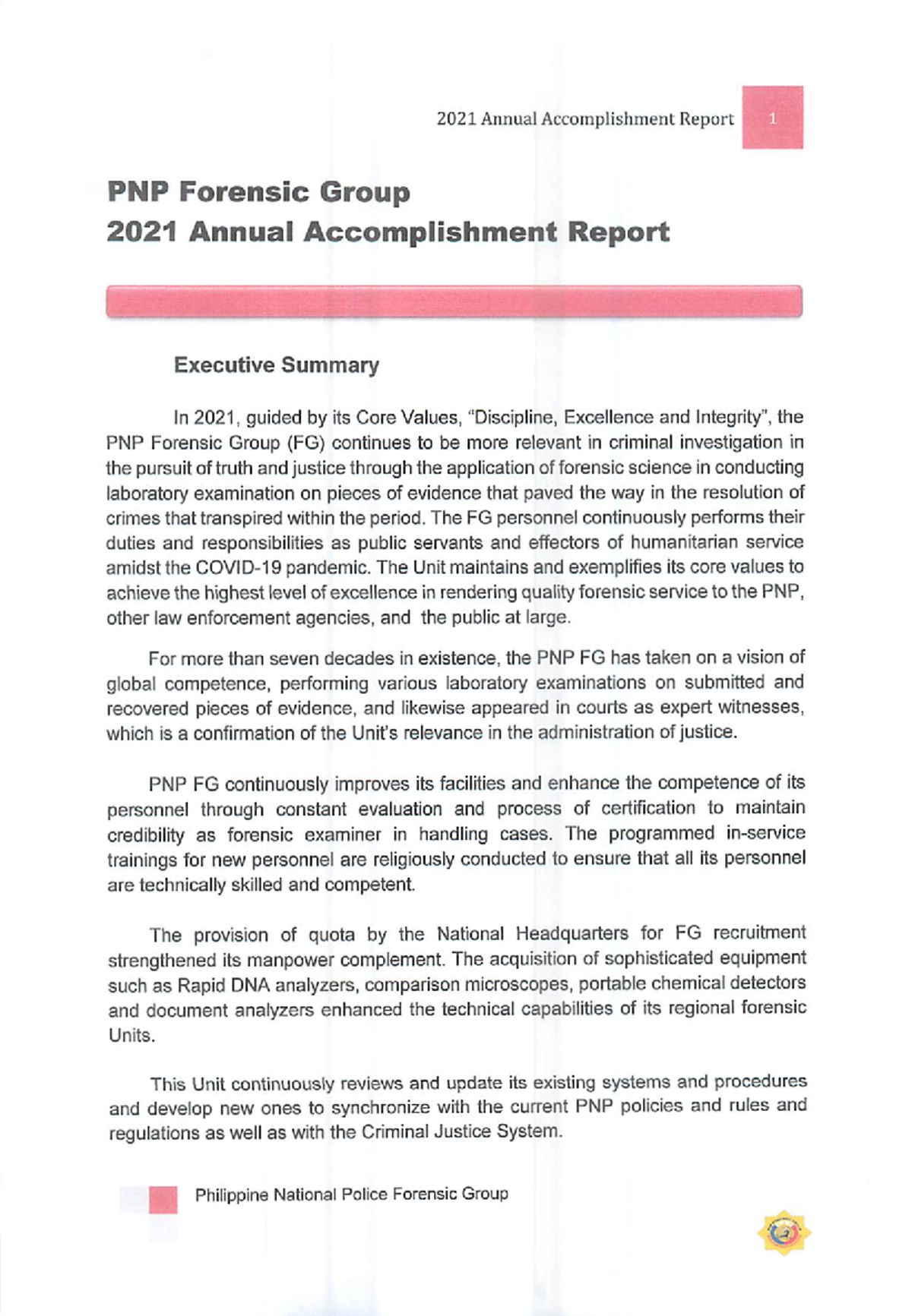 PNP FG Accomplishment Report: Summary of Achievements in 2021 - Studocu