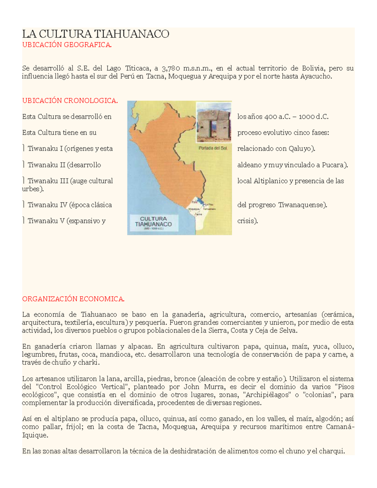La Cultura Tiahuanaco: Ubicación, Economía y Sociedad - Studocu