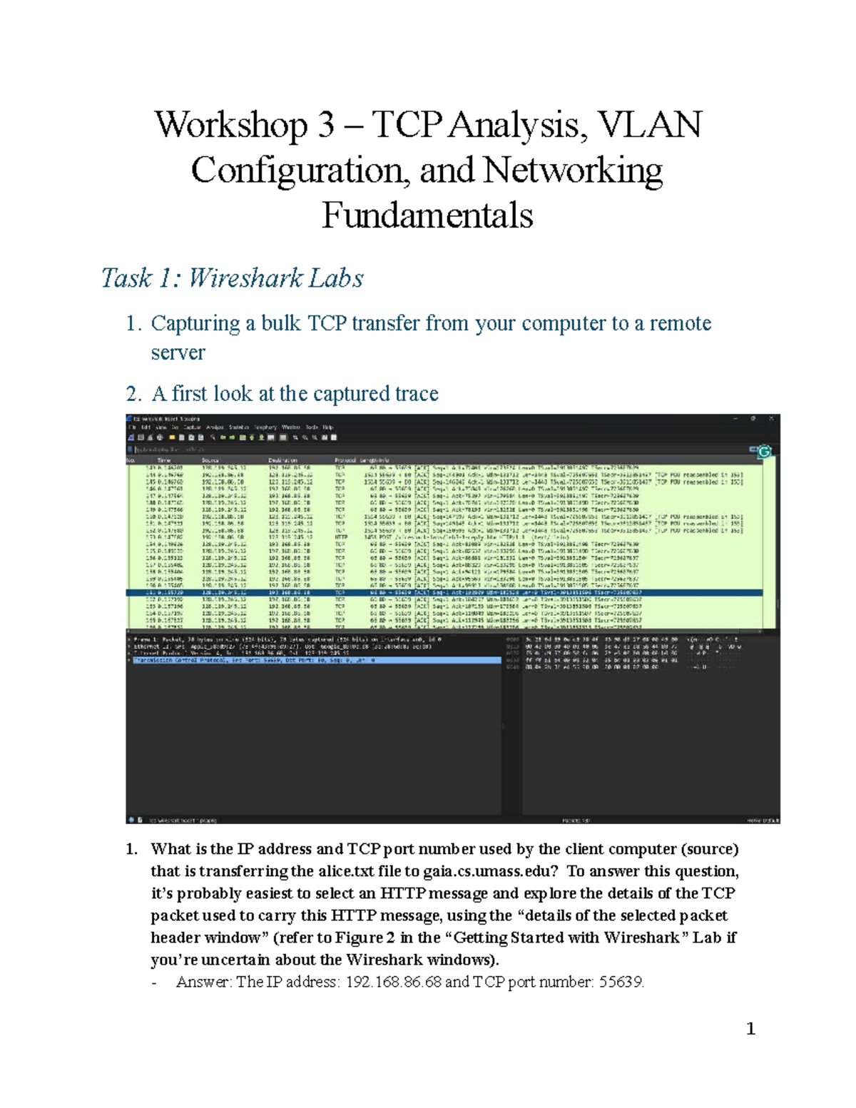 TCP Wireshark Lab: Workshop 3 on TCP Analysis & VLAN Config (Task 1) - Studocu