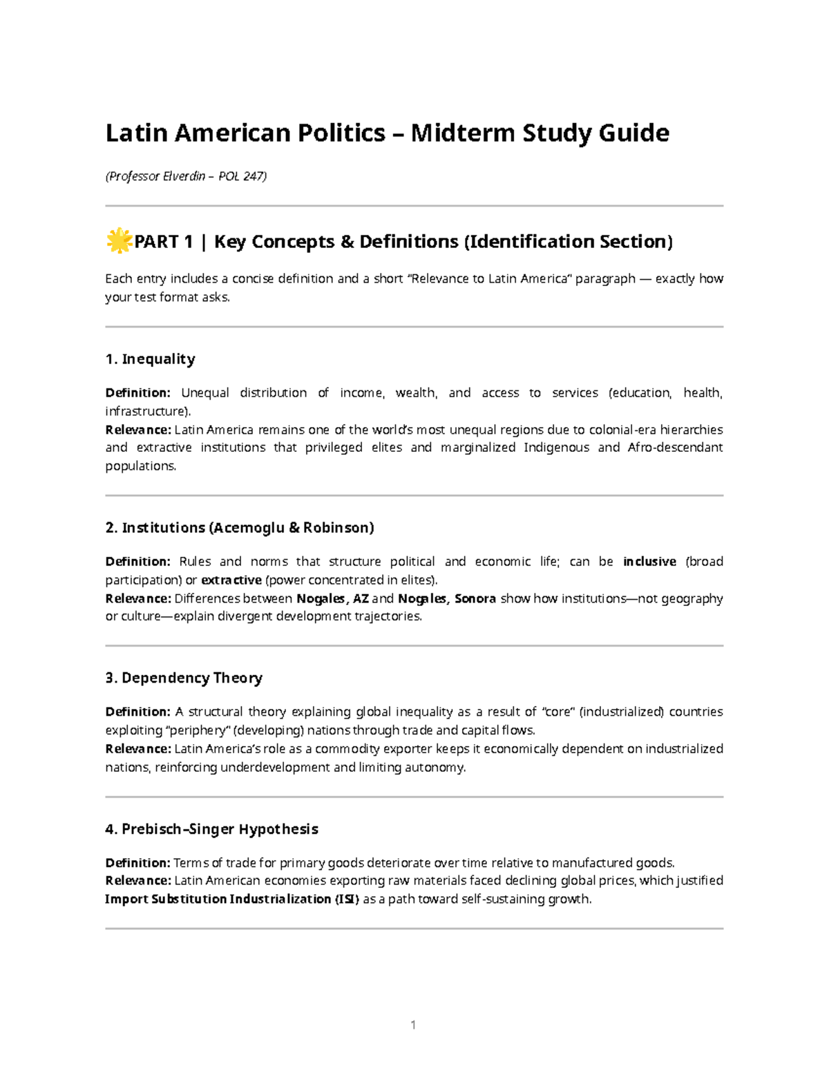 Latin American Politics Midterm Study Guide (POL 247) - Key Concepts ...