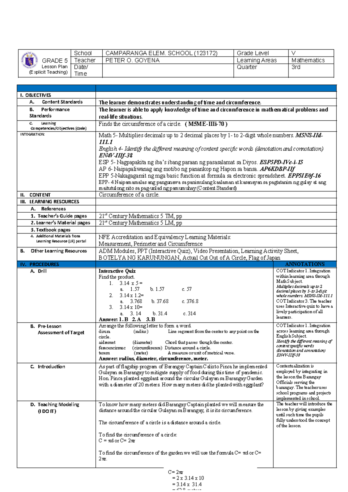 Grade 5 Math Lesson Plan: Circumference and Time Concepts (123172 ...