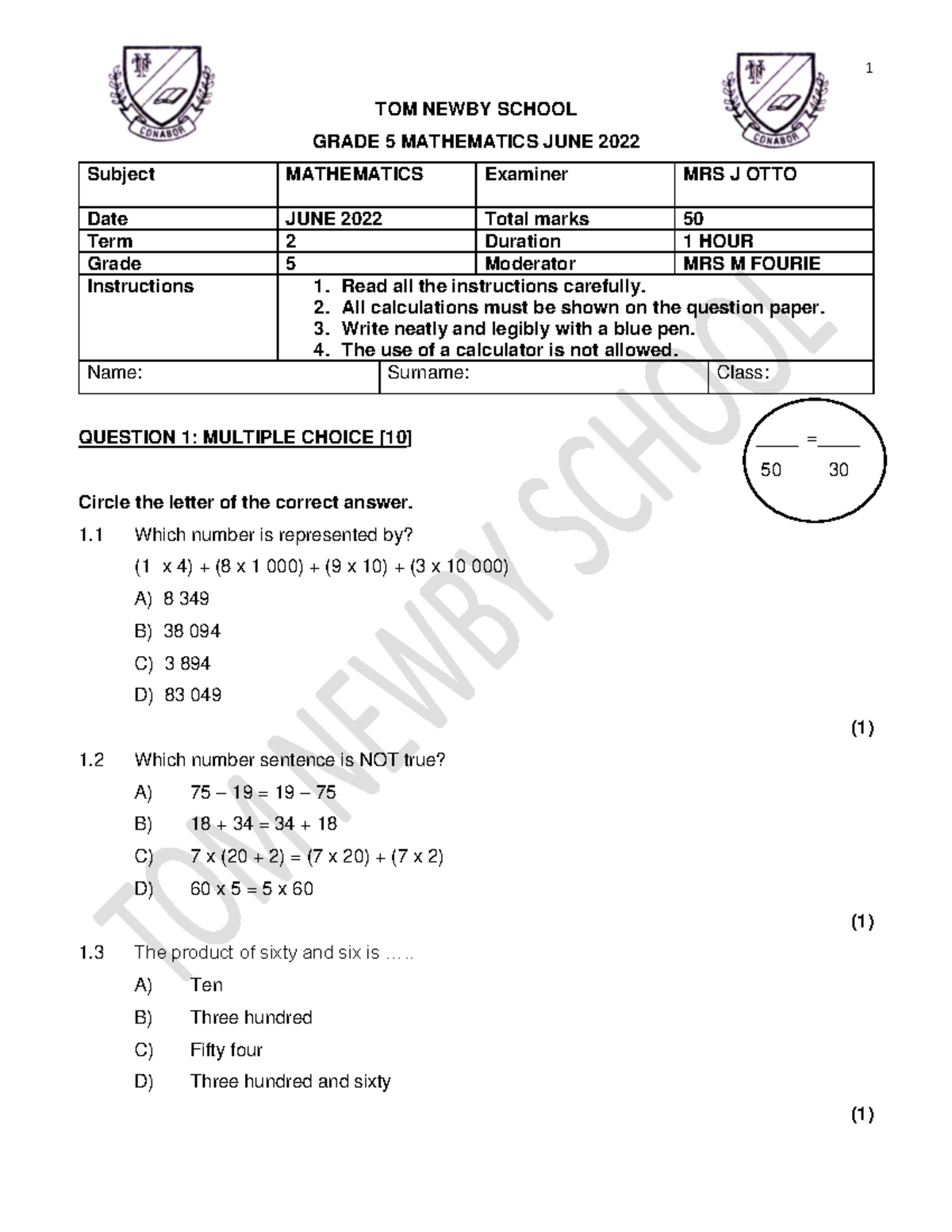 Grade 5 Mathematics June 2022 Exam Paper - Tom Newby School - Studocu
