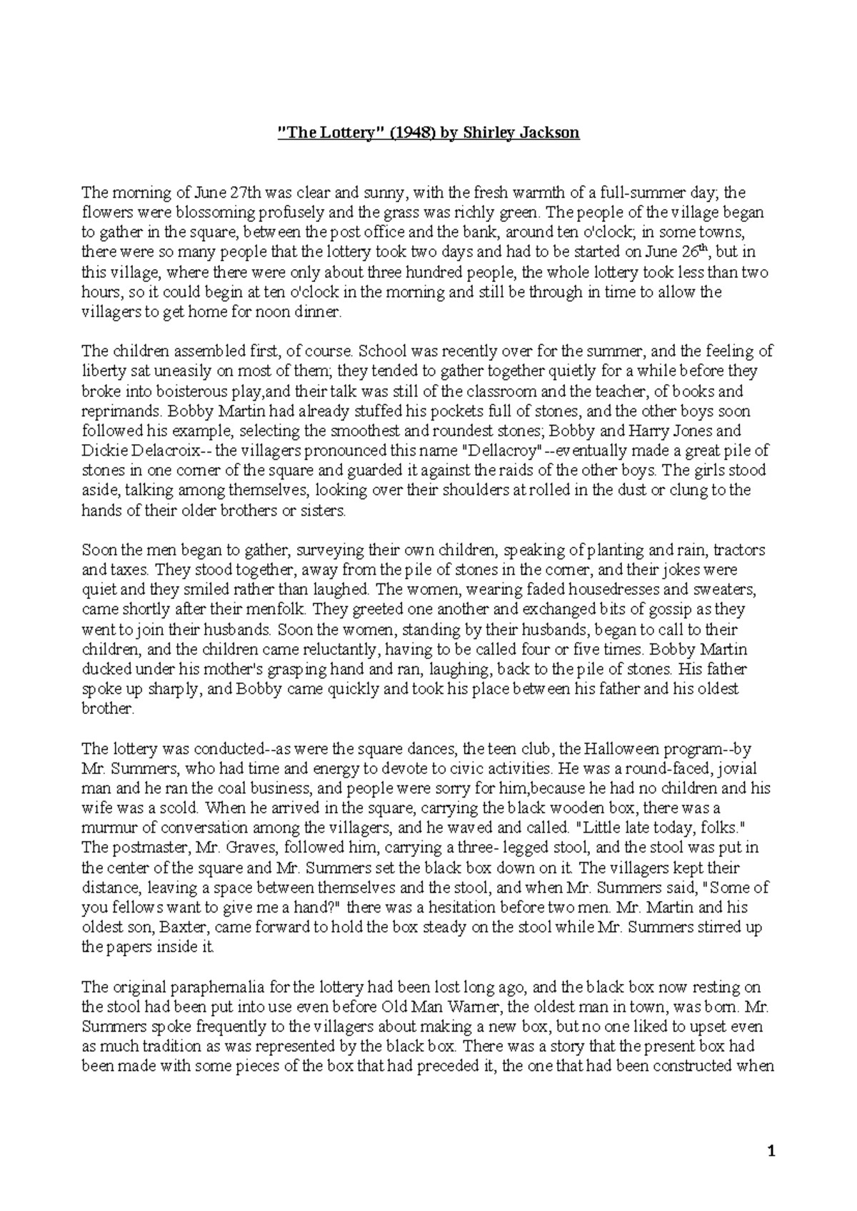 The Lottery by Shirley Jackson: Detailed Analysis and Insights - Studocu