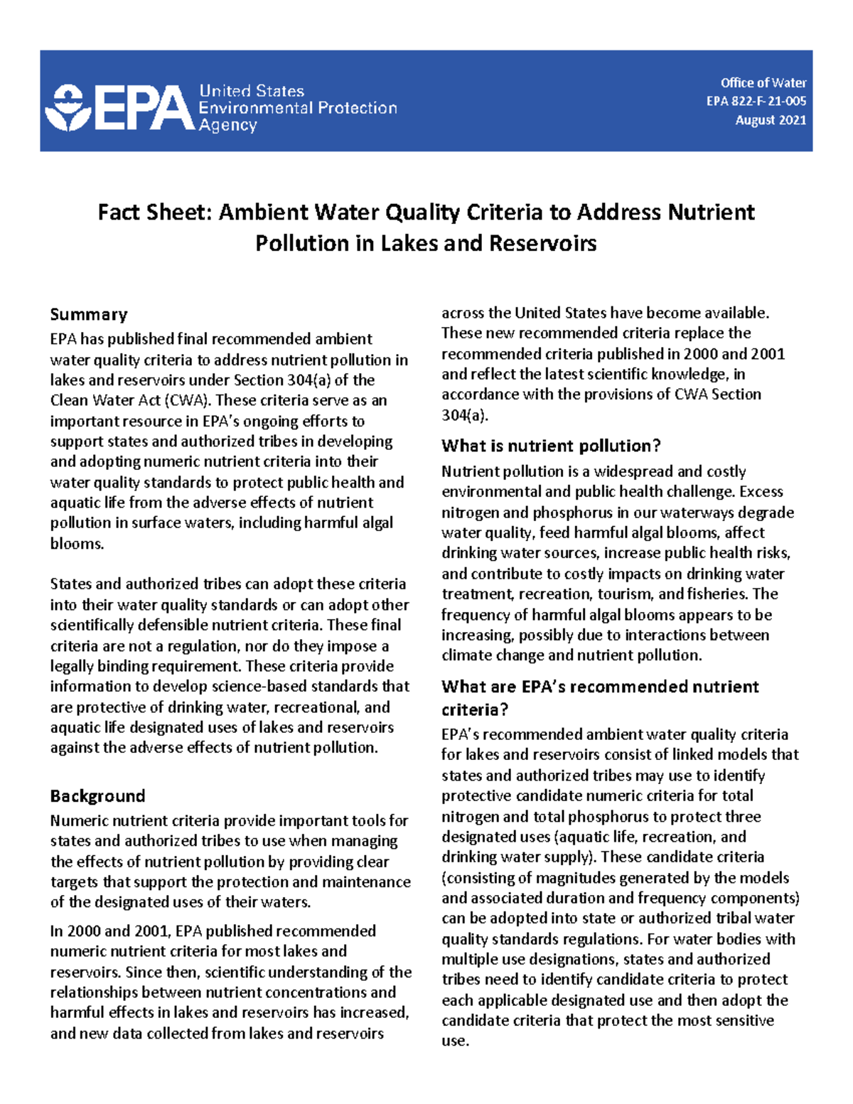 Nutrient Pollution in Lakes & Reservoirs: EPA Fact Sheet (Aug 2021 ...