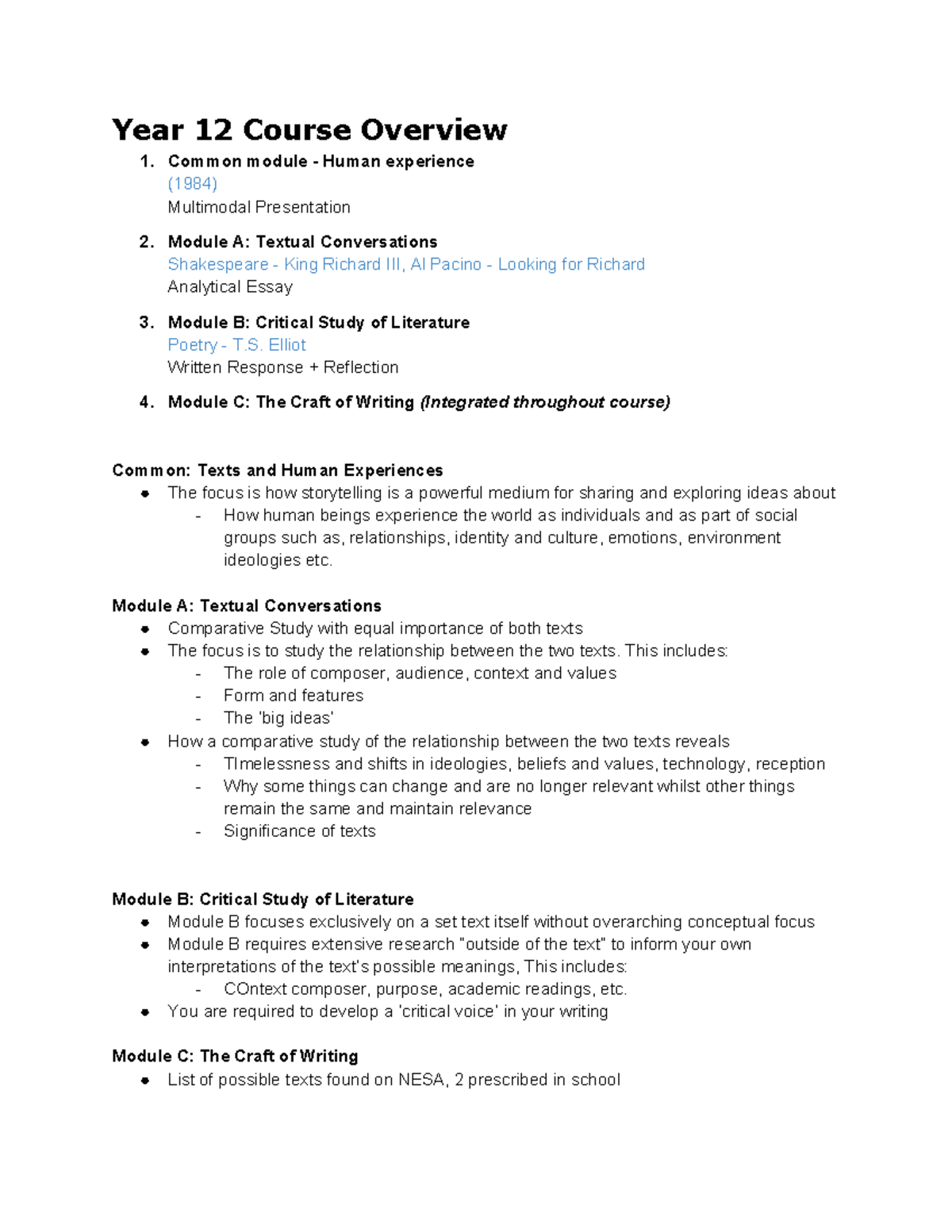 English Advanced Year 12 Overview: Human Experience & Textual Studies ...