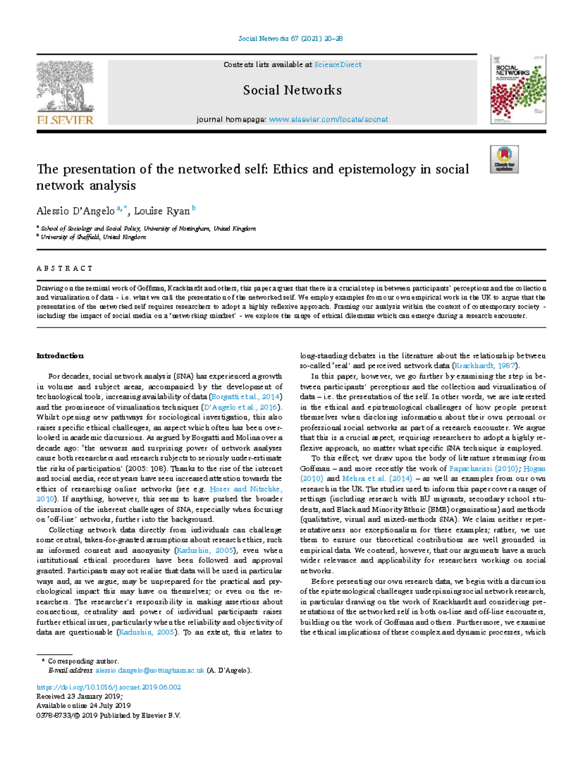 The Presentation of the Networked Self: Ethical Challenges in SNA (SOC ...