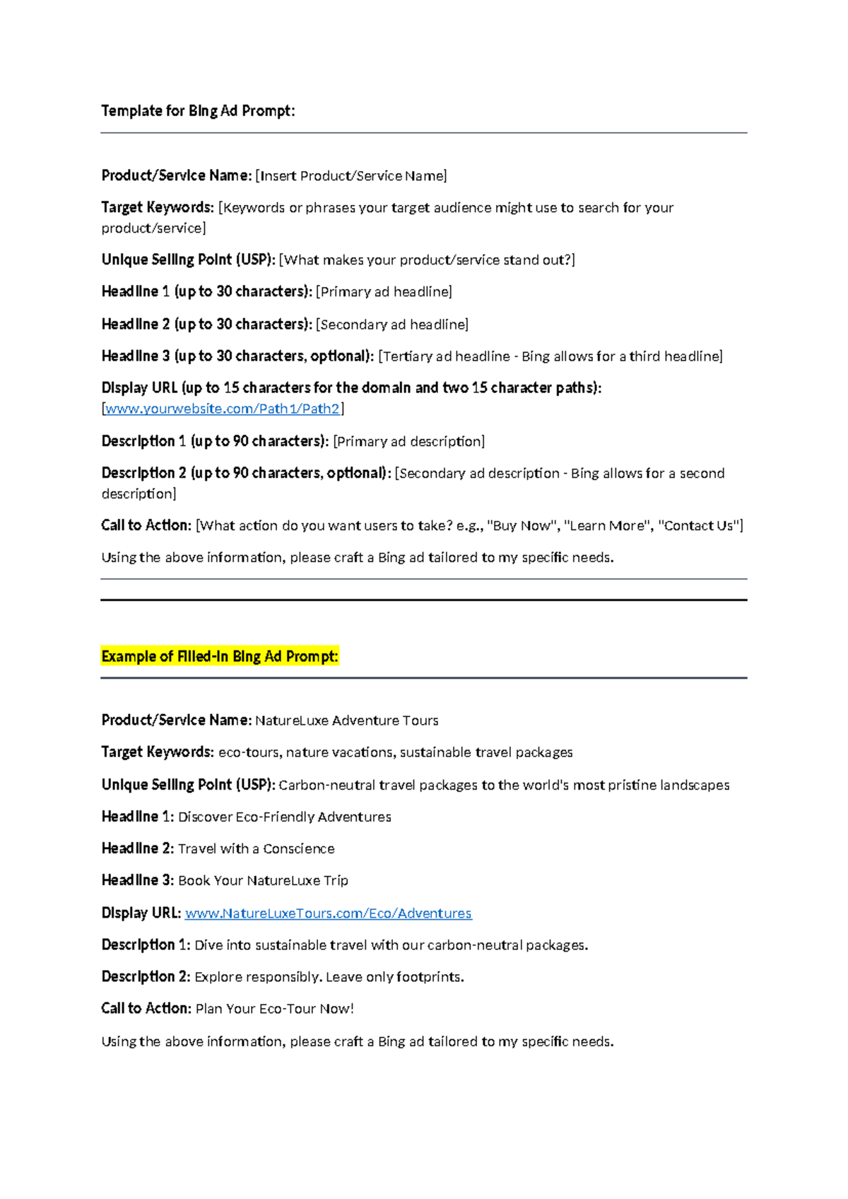 39.1 Bing Ads Copy Template - Template for Bing Ad Prompt: Product ...