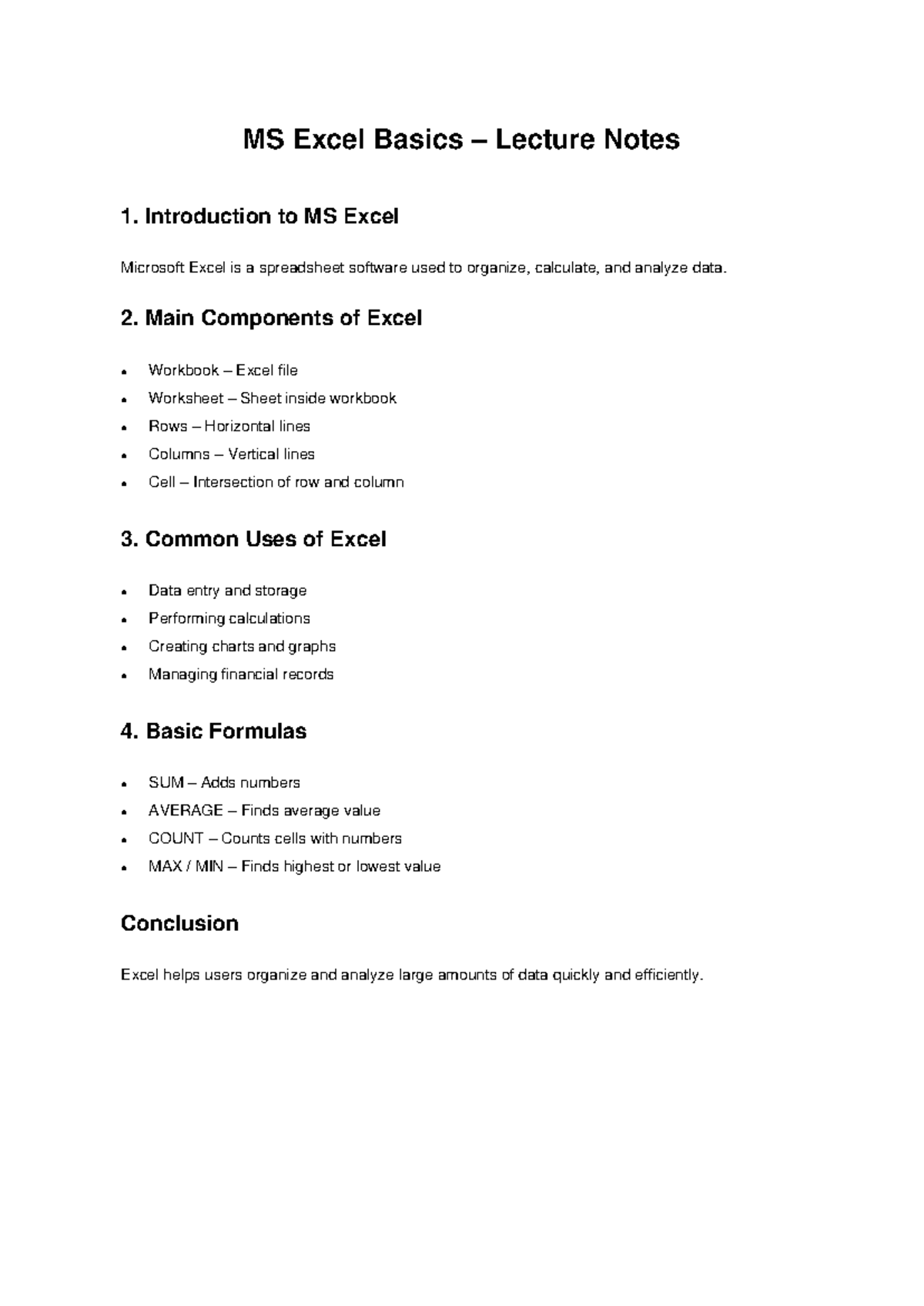 CS101: MS Excel Basics Lecture Notes - Studocu