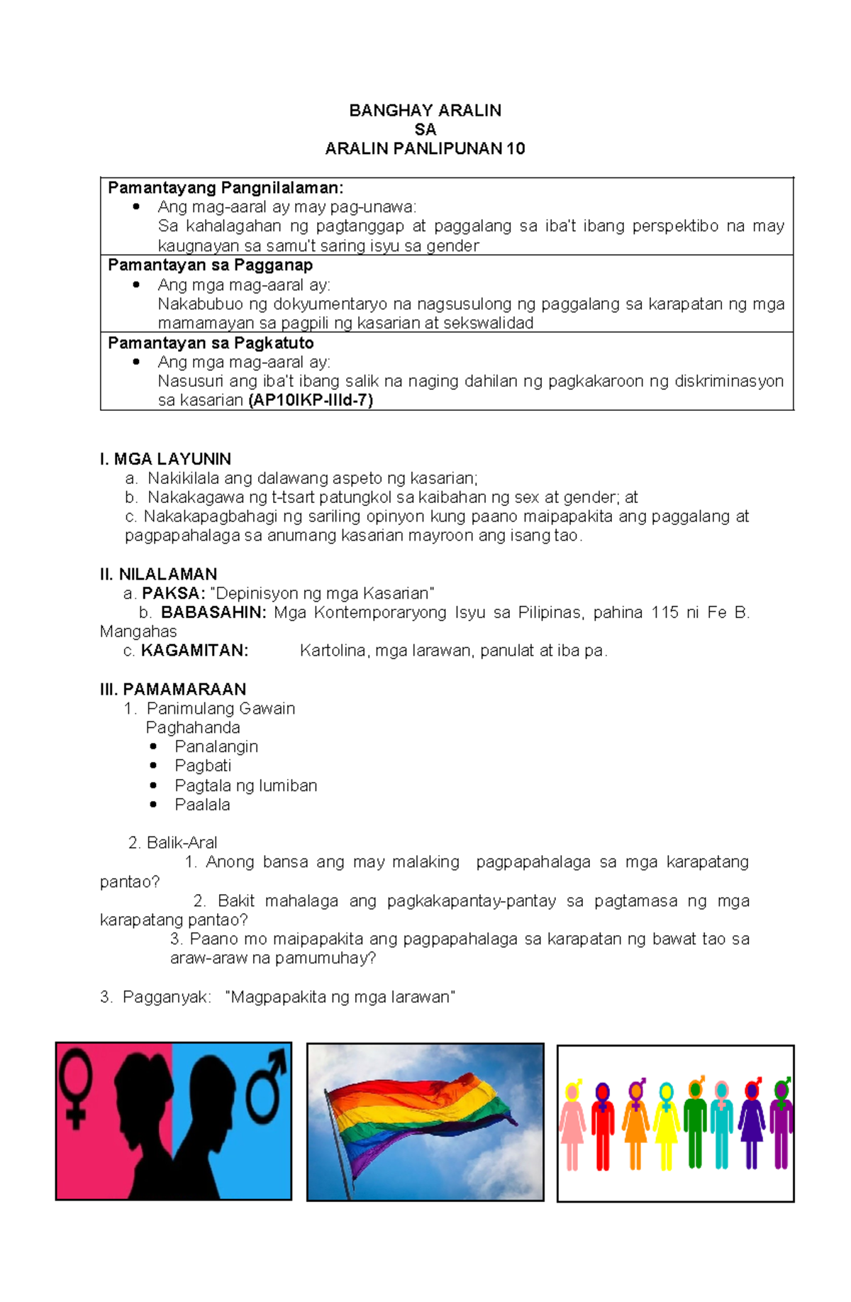 Gender Lesson Plan for Araling Panlipunan 10: Final Document - Studocu
